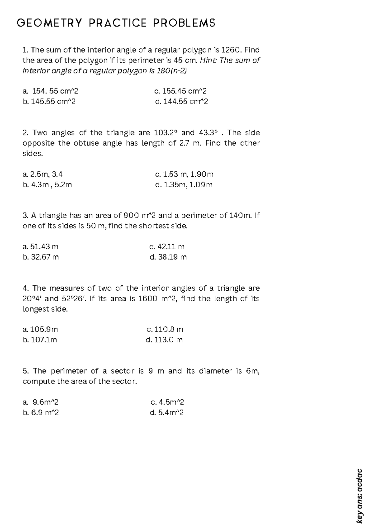Geometry Probs - GEOMETRY PRACTICE PROBLEMS The sum of the interior ...