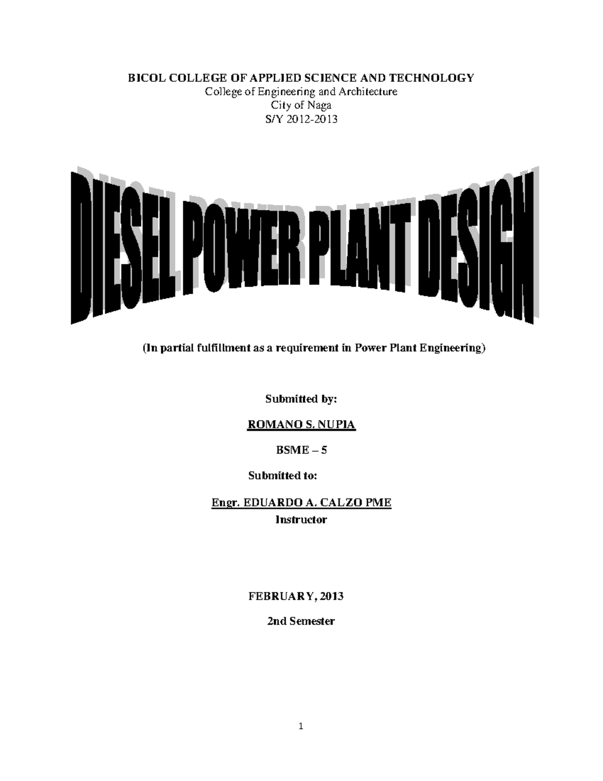 Diesel Power Plant Design - Bicol College - BICOL COLLEGE OF APPLIED ...