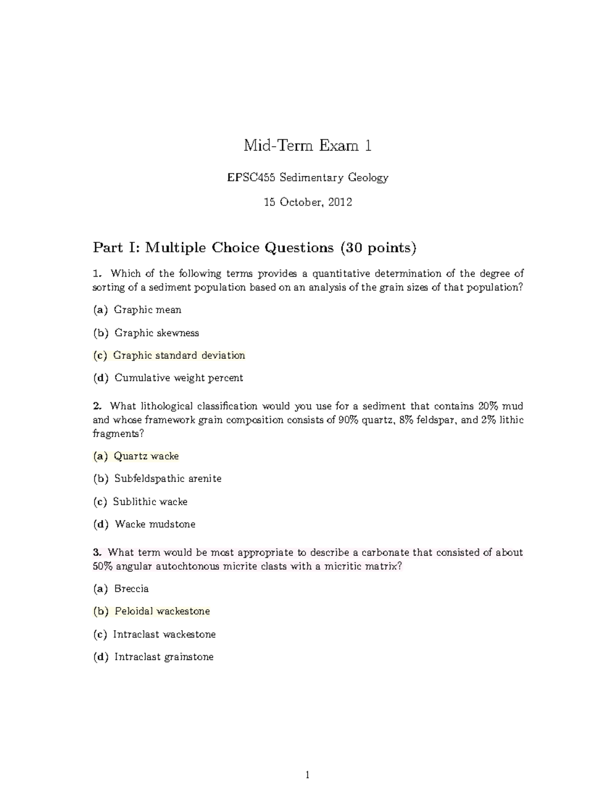 Exam 2014, Questions, Midterm 1 - Mid-Term Exam 1 EPSC455 Sedimentary ...