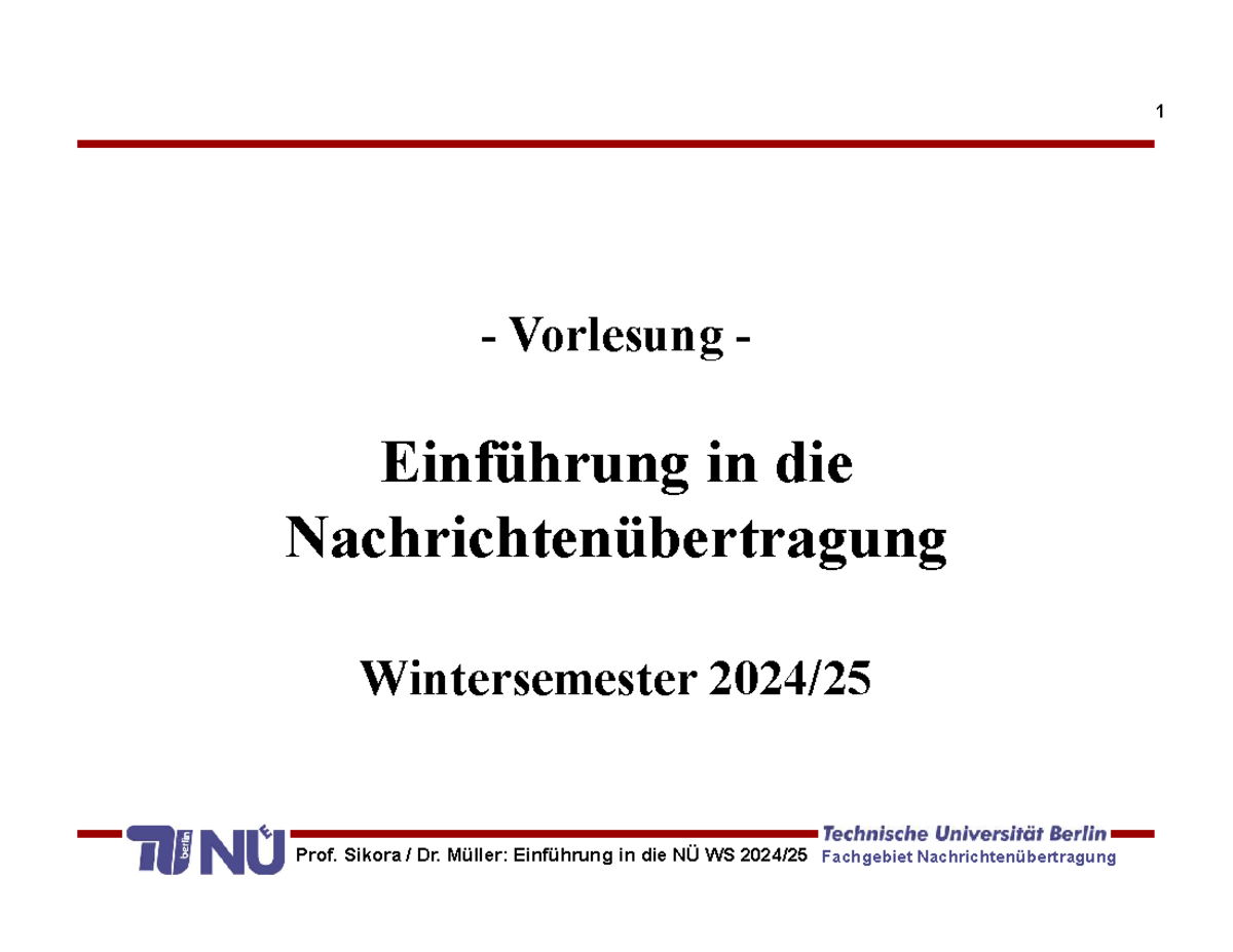 ENUe 03 SNT - knkn - 1 - Vorlesung - Einführung in die Nachrichtenübertragung Wintersemester ...