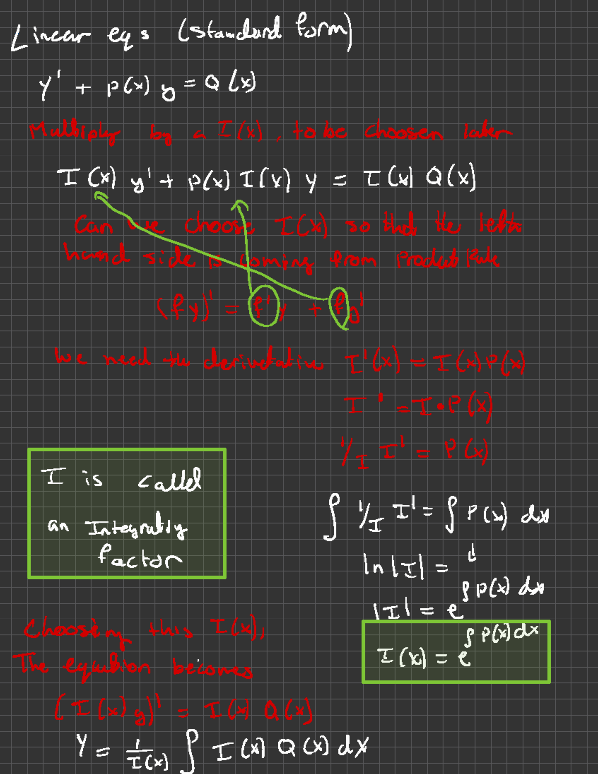 Lecture 5 - Linear eqs (standard form ) y ' pcx) y = Q Lx) Multiply by ...