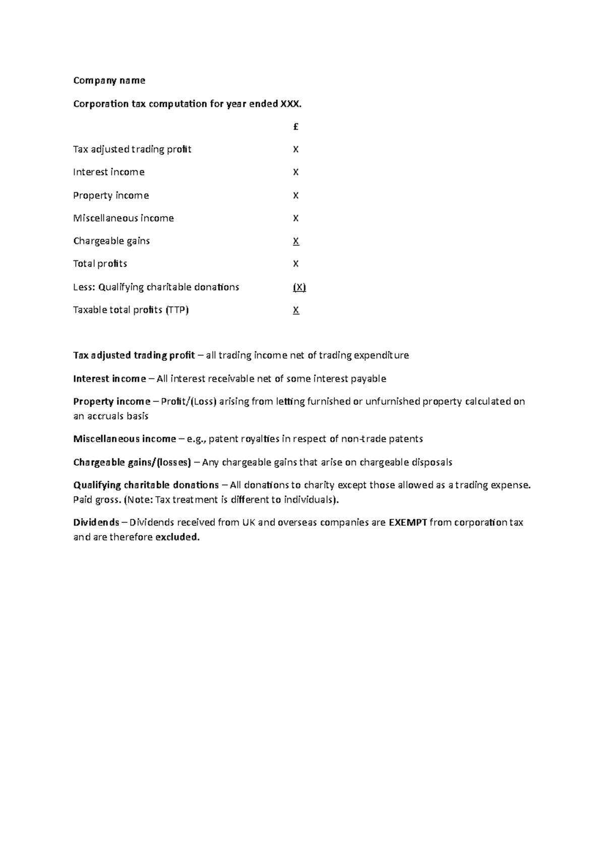 Corporation tax pro forma - Company name Corporation tax computation ...