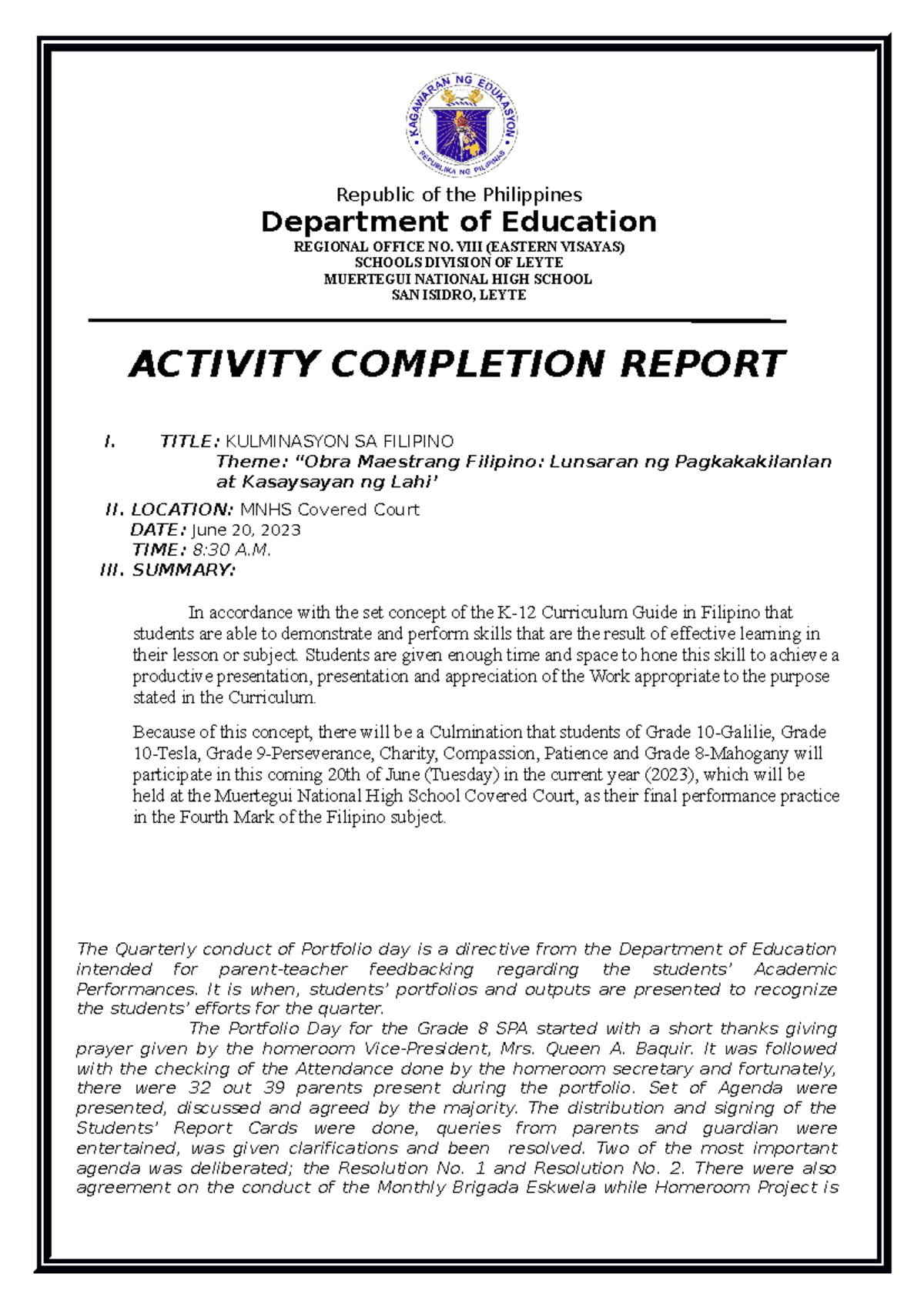 ACR - Accomplishment Report - Republic of the Philippines Department of ...