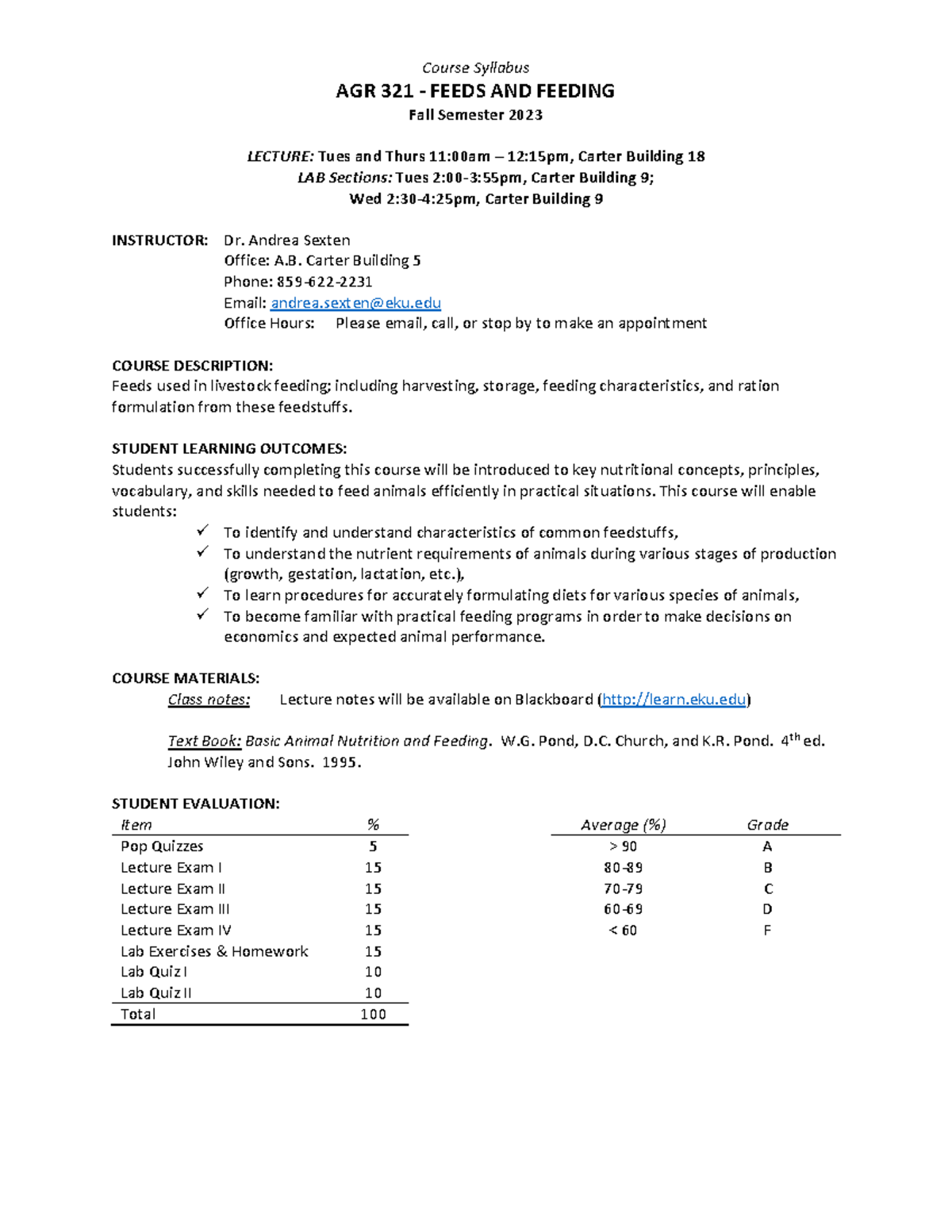 AGR 321 Syllabus Fall 2023 - AGR 321 - FEEDS AND FEEDING Fall Semester 2023 LECTURE: Tues and ...