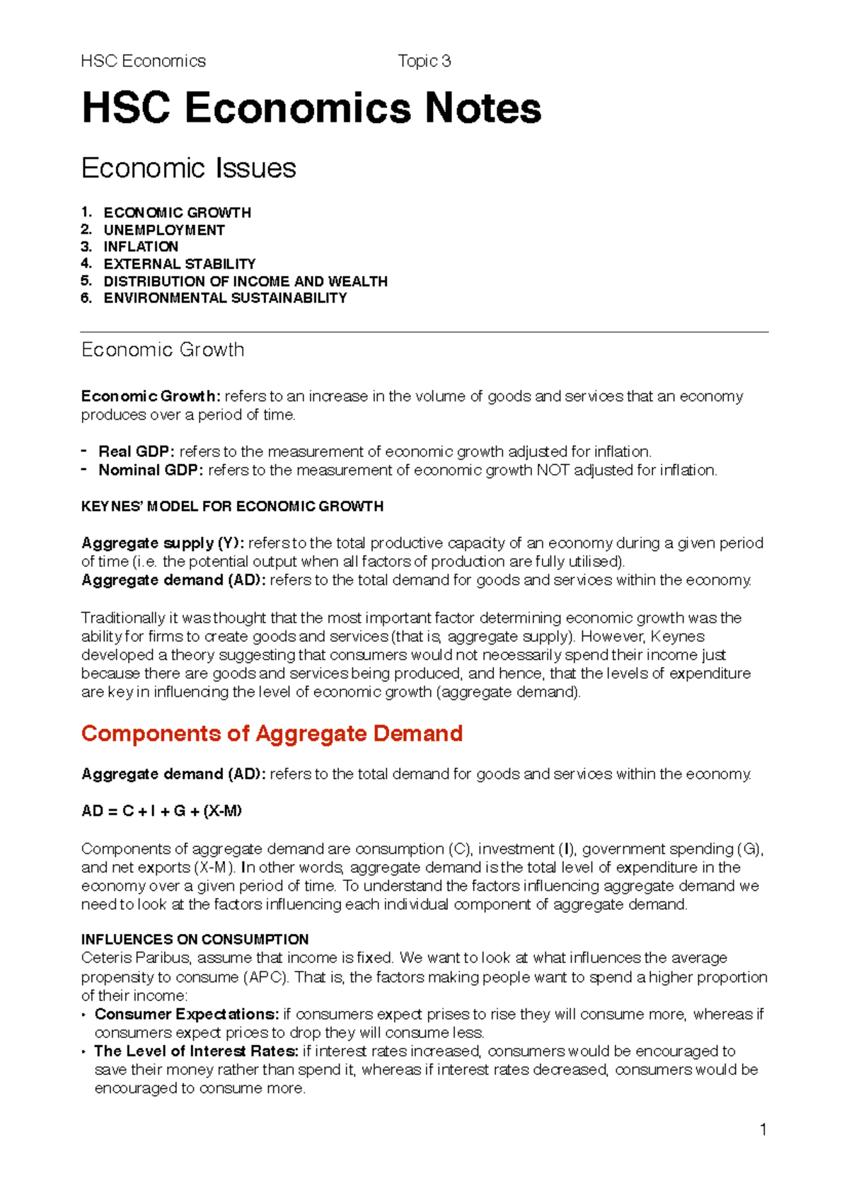 Detailed Notes on Economic Issues - HSC Economics Notes Economic Issues ...