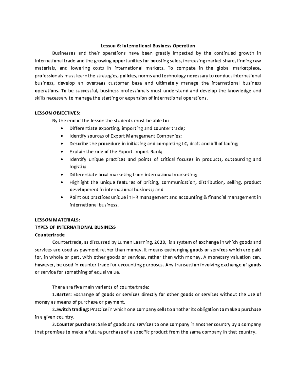 Lesson 6 in Int. Business - Lesson 6: International Business Operation ...