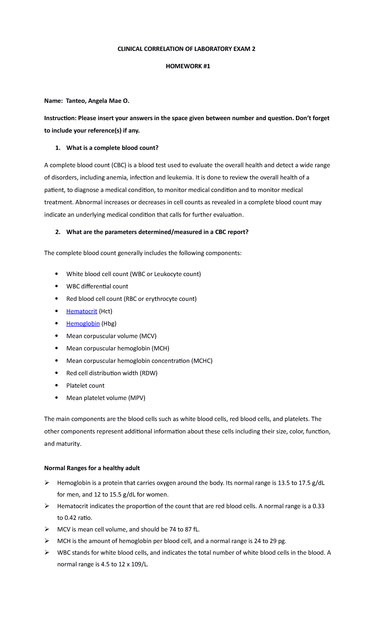 Homework 1- Clinical Correlations of Laboratory Exam 2 - CLINICAL ...