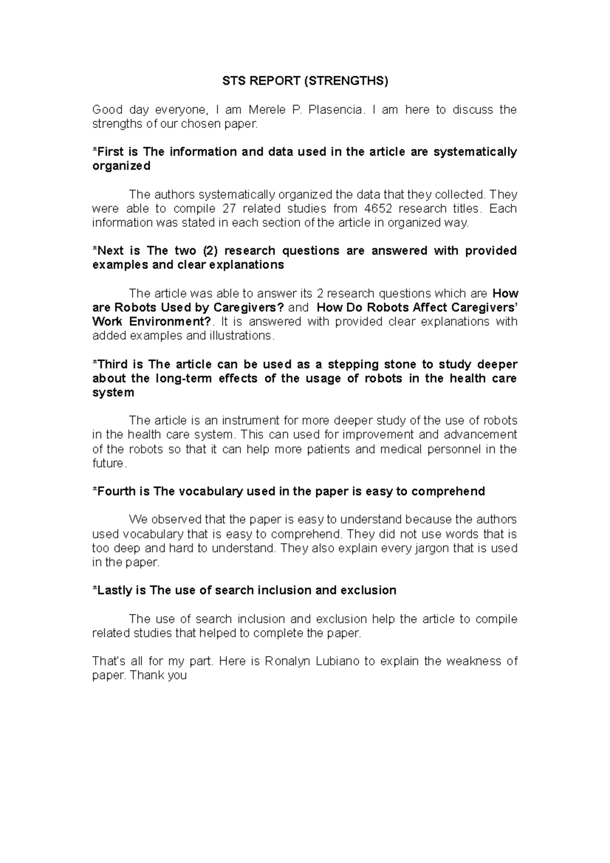 STS Report - Notes - STS REPORT (STRENGTHS) Good day everyone, I am ...