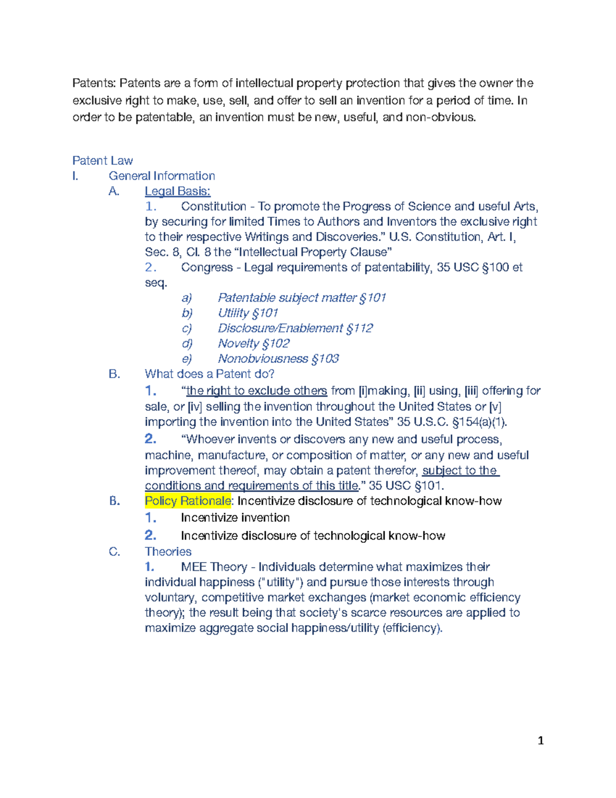 Patent Outline - Prof Molly - Patents: Patents are a form of ...