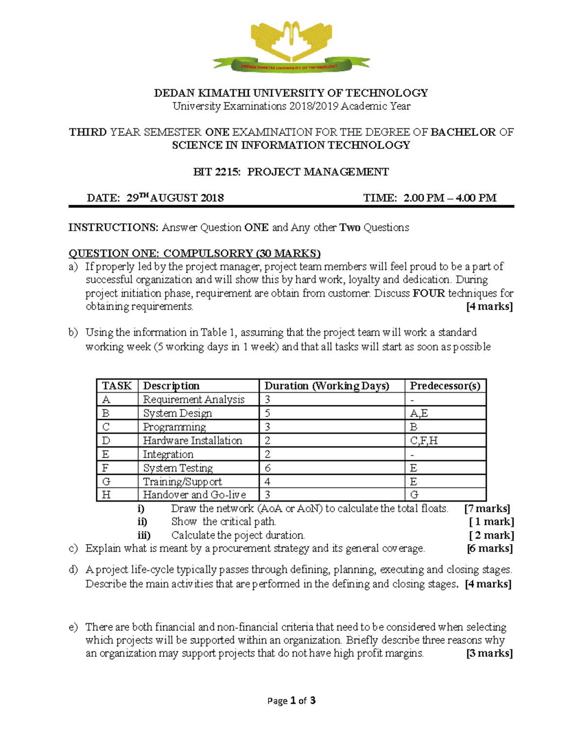 Exam 7 November 2019, questions - DEDAN KIMATHI UNIVERSITY OF ...