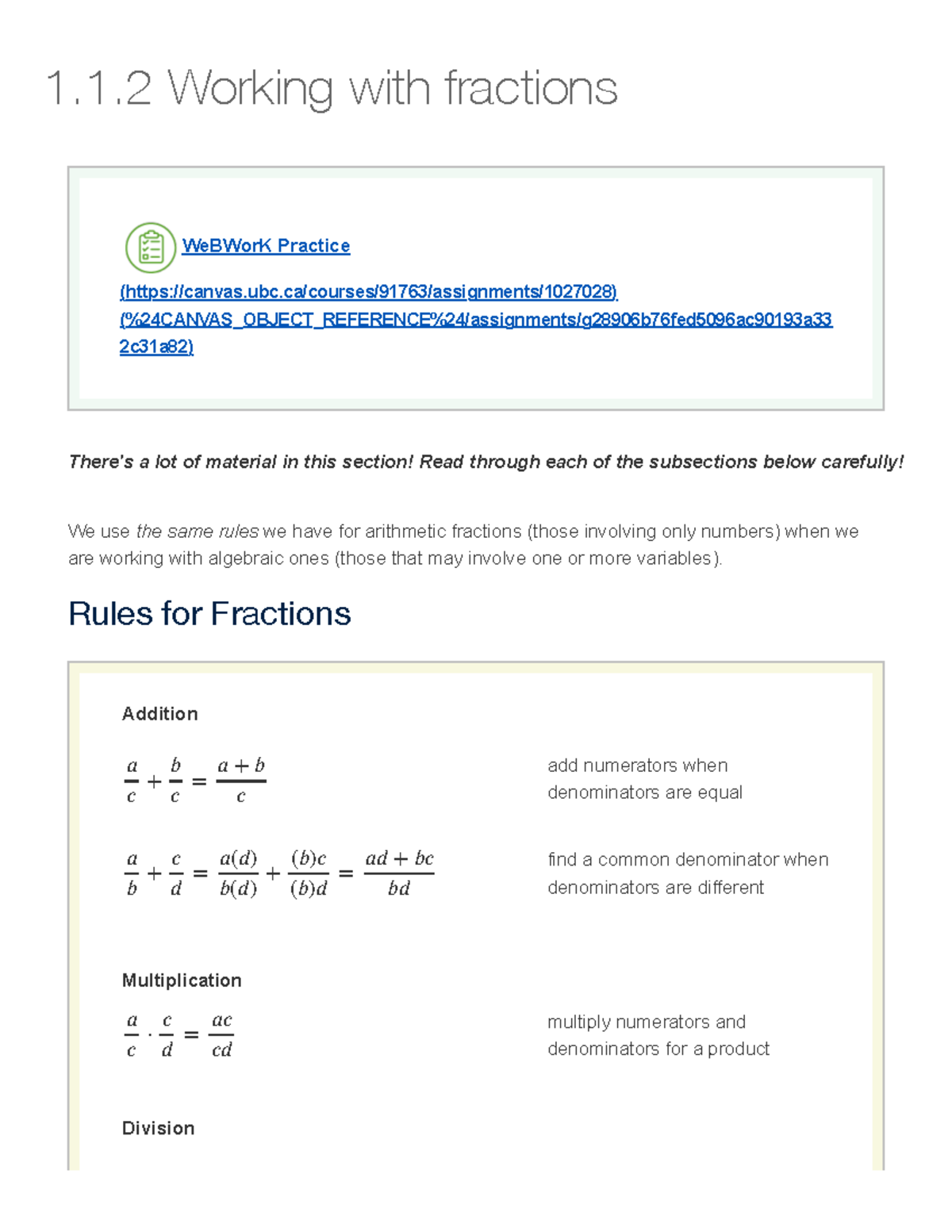 1.1.2 Working with fractions: Precalculus Review - 2021W - 1.1 Working ...