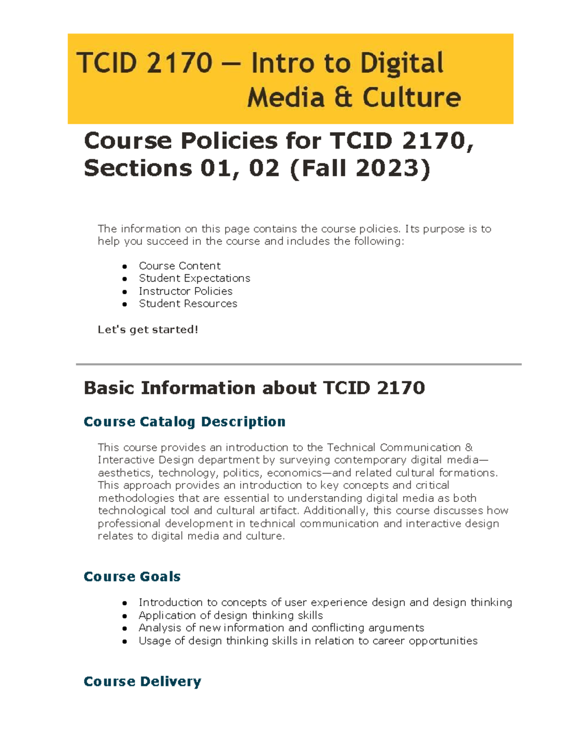 TCID 2170-01, 02 - Bellisario FAll 20231 - Course Policies for TCID ...