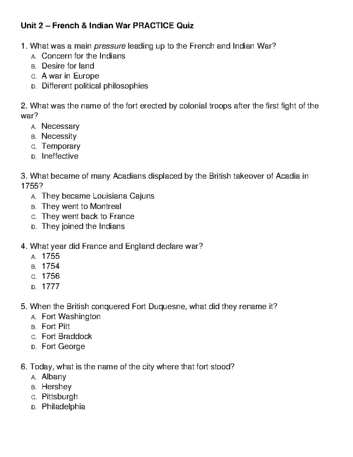 US History QUIZ - work - Unit 2 – French & Indian War PRACTICE Quiz 1 ...