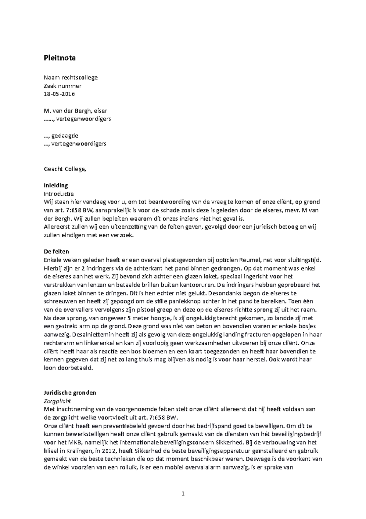 Practicum - Pleitnota mootcourt - Pleitnota Naam rechtscollege Zaak ...