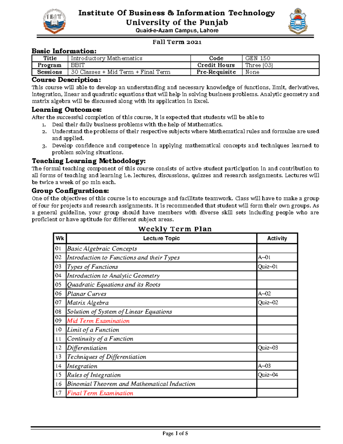 Maths Course Outline - Lecture notes 1 - University of the Punjab Quaid ...