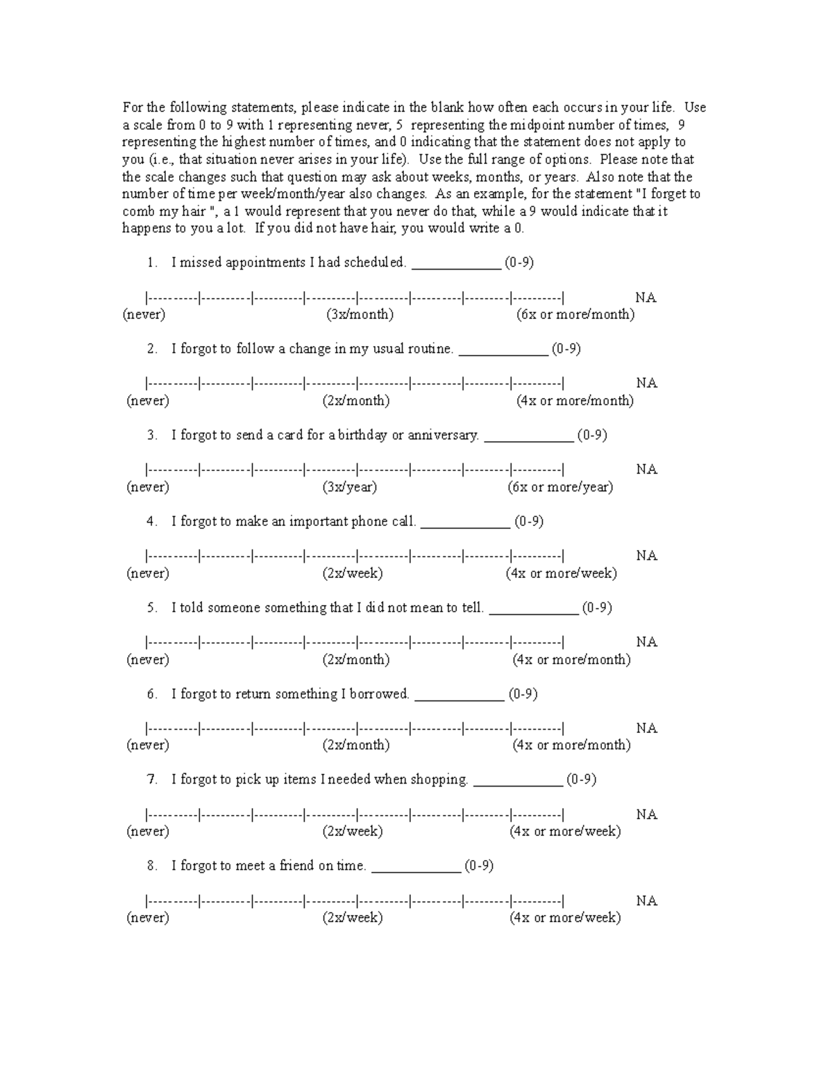 Prospective Memory Survey - For the following statements, please ...
