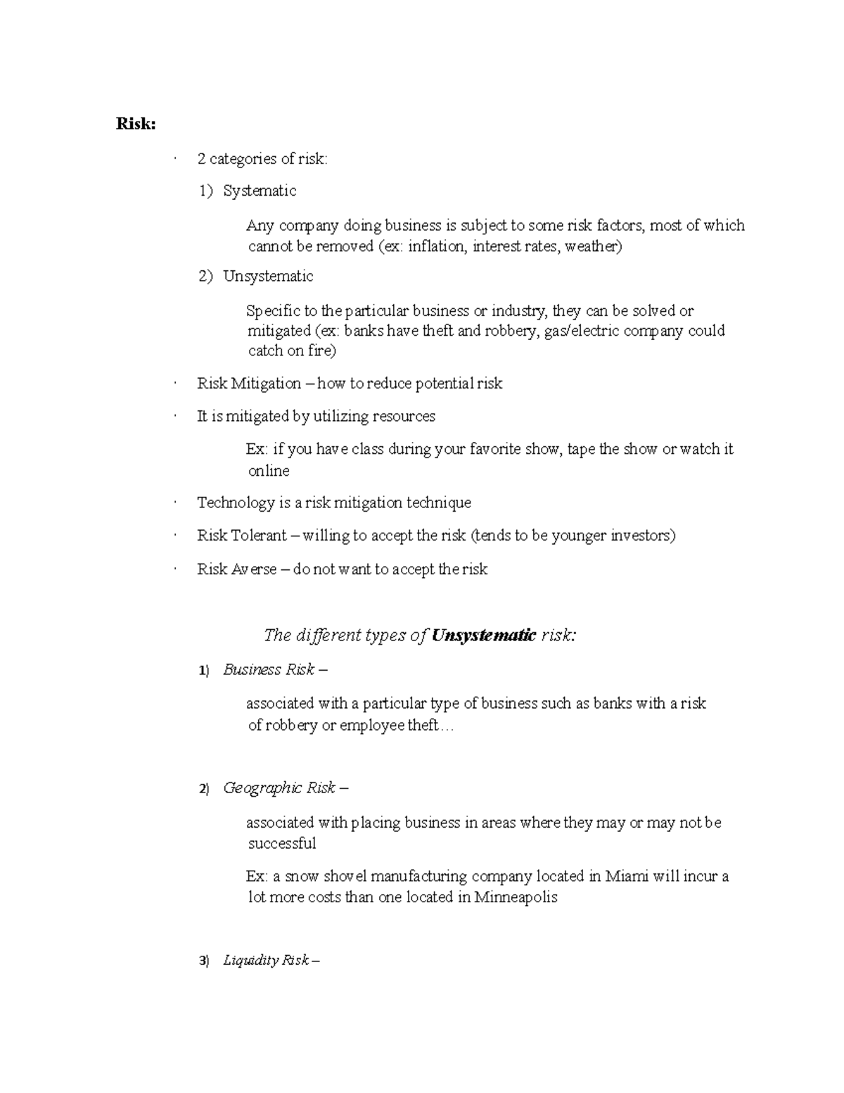 Fundamentals of Finance risk - Risk: · 2 categories of risk: Systematic ...