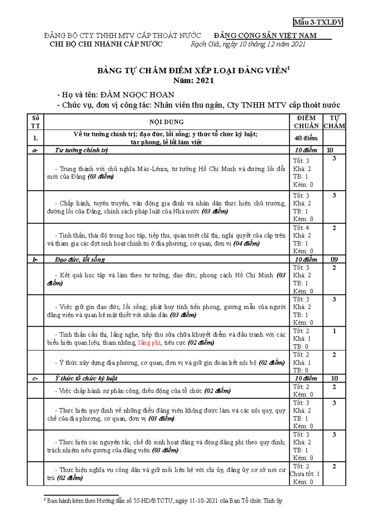 Tự chấm điểm xep loai dang vien 2021 - Mẫu 3-TXLĐV ĐẢNG BỘ CTY TNHH MTV ...