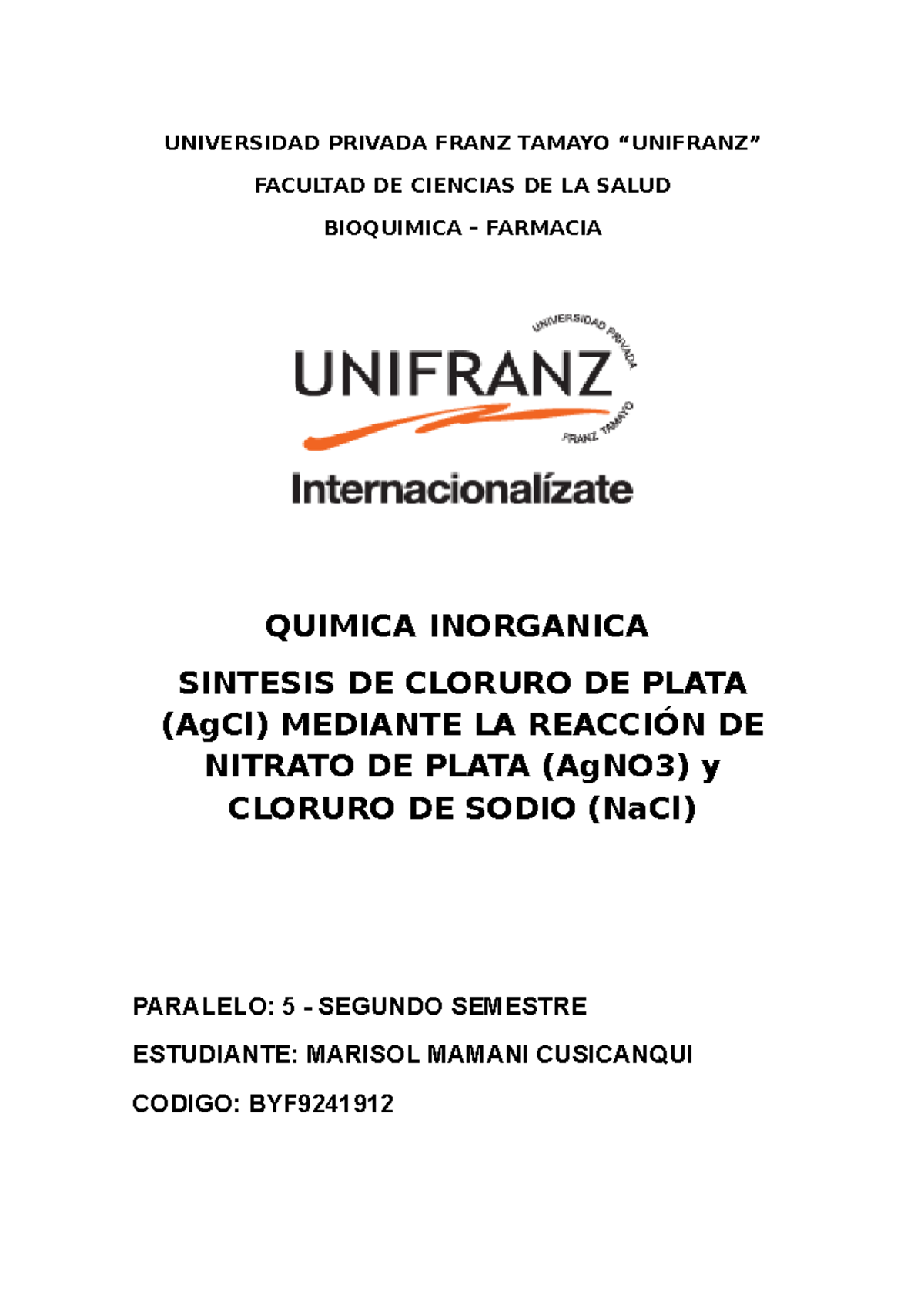 Sintesis QI - sisntesisi de nitrato de plata - UNIVERSIDAD PRIVADA ...