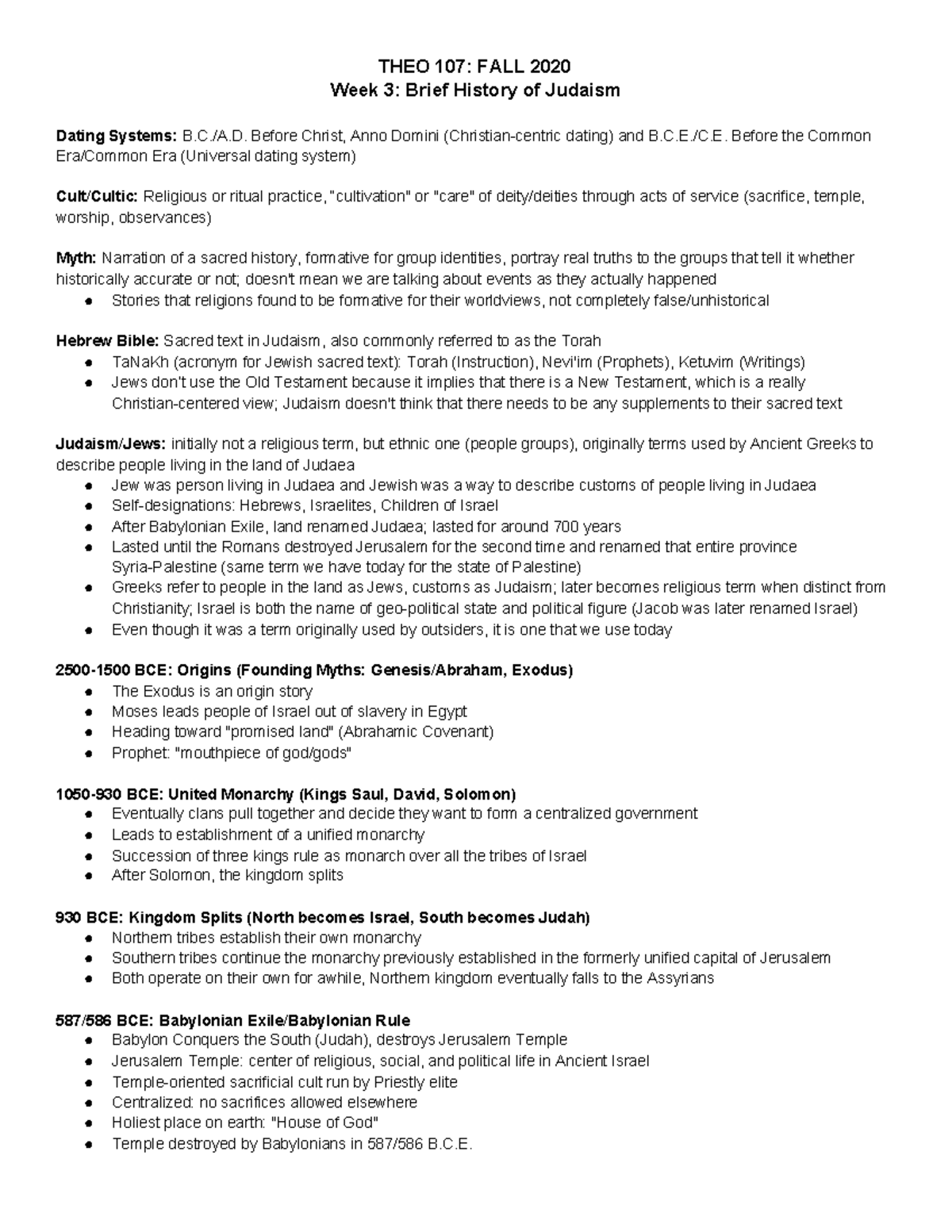 Week 3 Brief History of Judaism - THEO 107: FALL 2020 Week 3: Brief ...