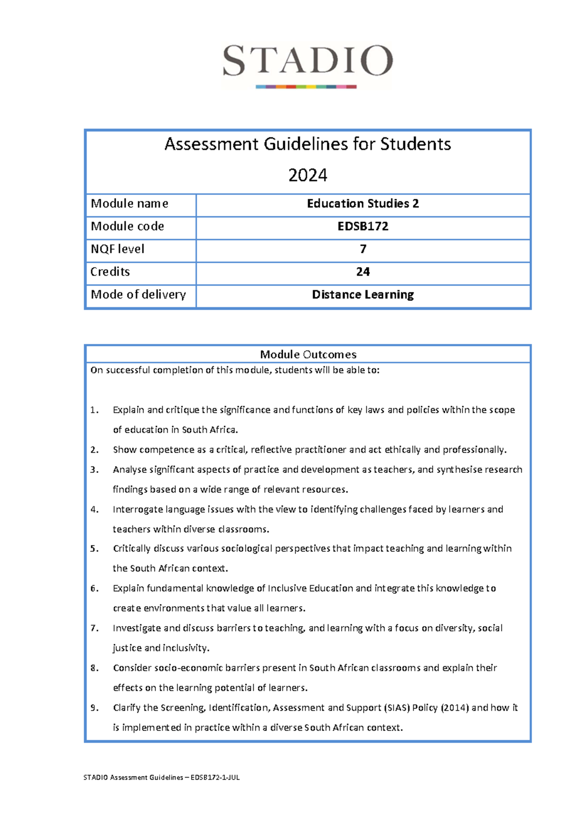 Stadio Assessment Guidelines - EDSB172 (DL) - STADIO Assessment ...
