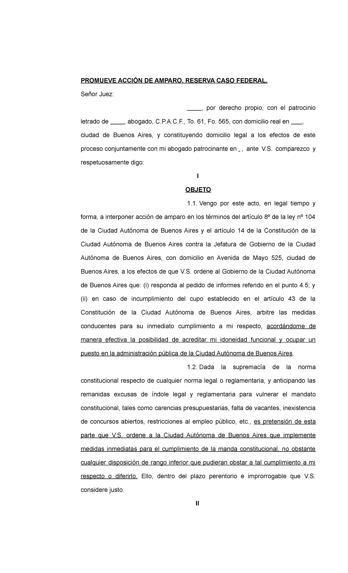 Modelo de amparo archivo - PROMUEVE ACCIÓN DE AMPARO. RESERVA CASO ...