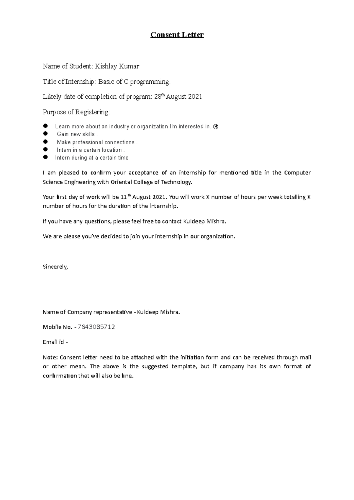 Annexure - 2 0126CS2010 54 Kishlay Kumar - Consent Letter Name of ... Annexure - 2 0126CS2010 54 Kishlay Kumar - Consent Letter Name of ...