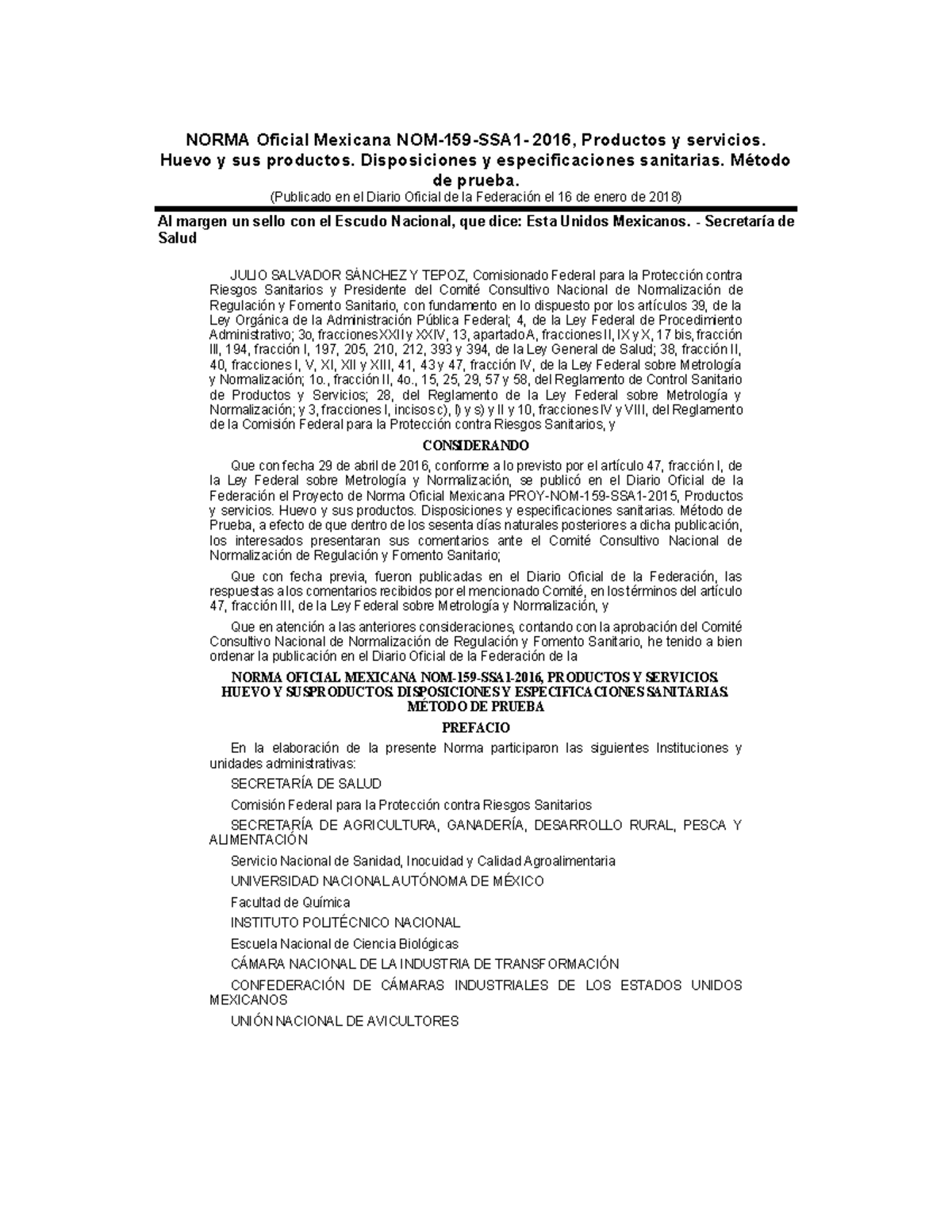 NOM 159 SSA1 2016 - NOM 210 SSA1 2014 - NORMA Oficial Mexicana NOM- 159 - SSA1- 2016, Productos ...