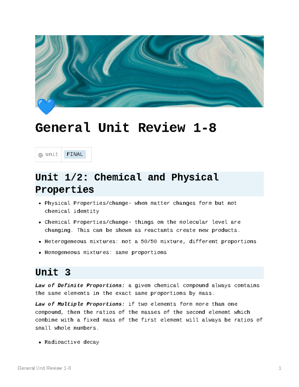 Honors Chem Units 1-8 - 💙 General Unit Review 1- unit FINAL Unit 1/2 ...