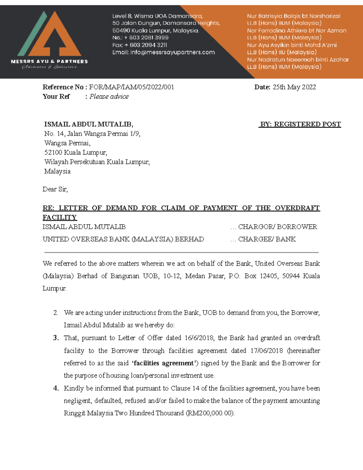 LOD Chargor - Reference No : FOR/MAP/IAM/05/2022/001 Date: 25th May ...