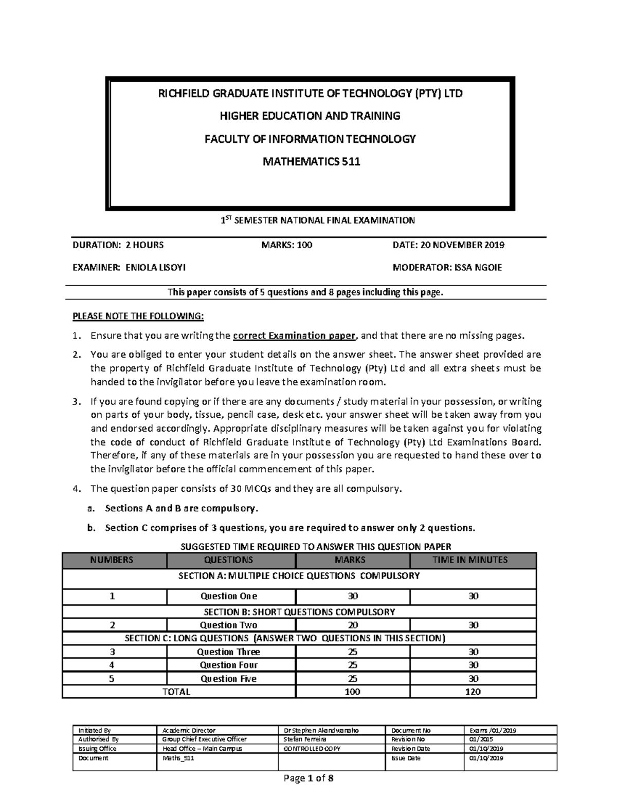 Math 511 Exam 2020 - mathematics' - Initiated By Academic Director Dr ...