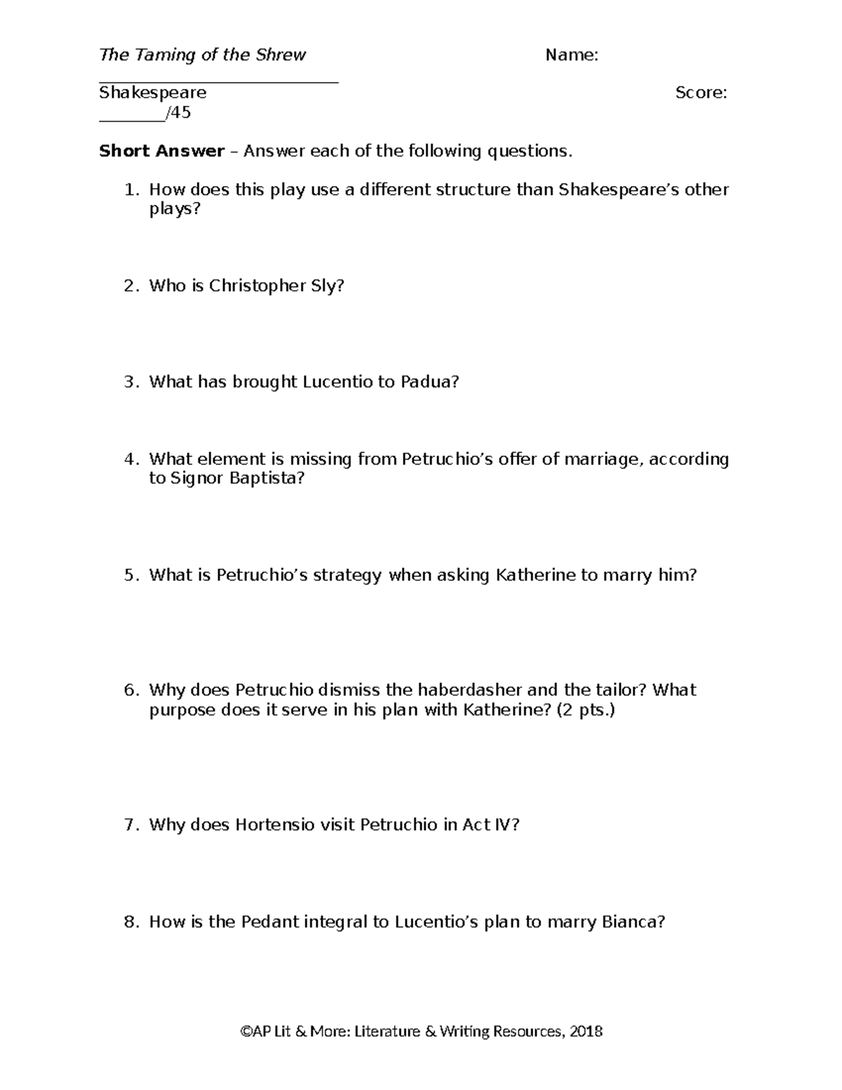 Taming of the Shrew Questions - The Taming of the Shrew Name ...