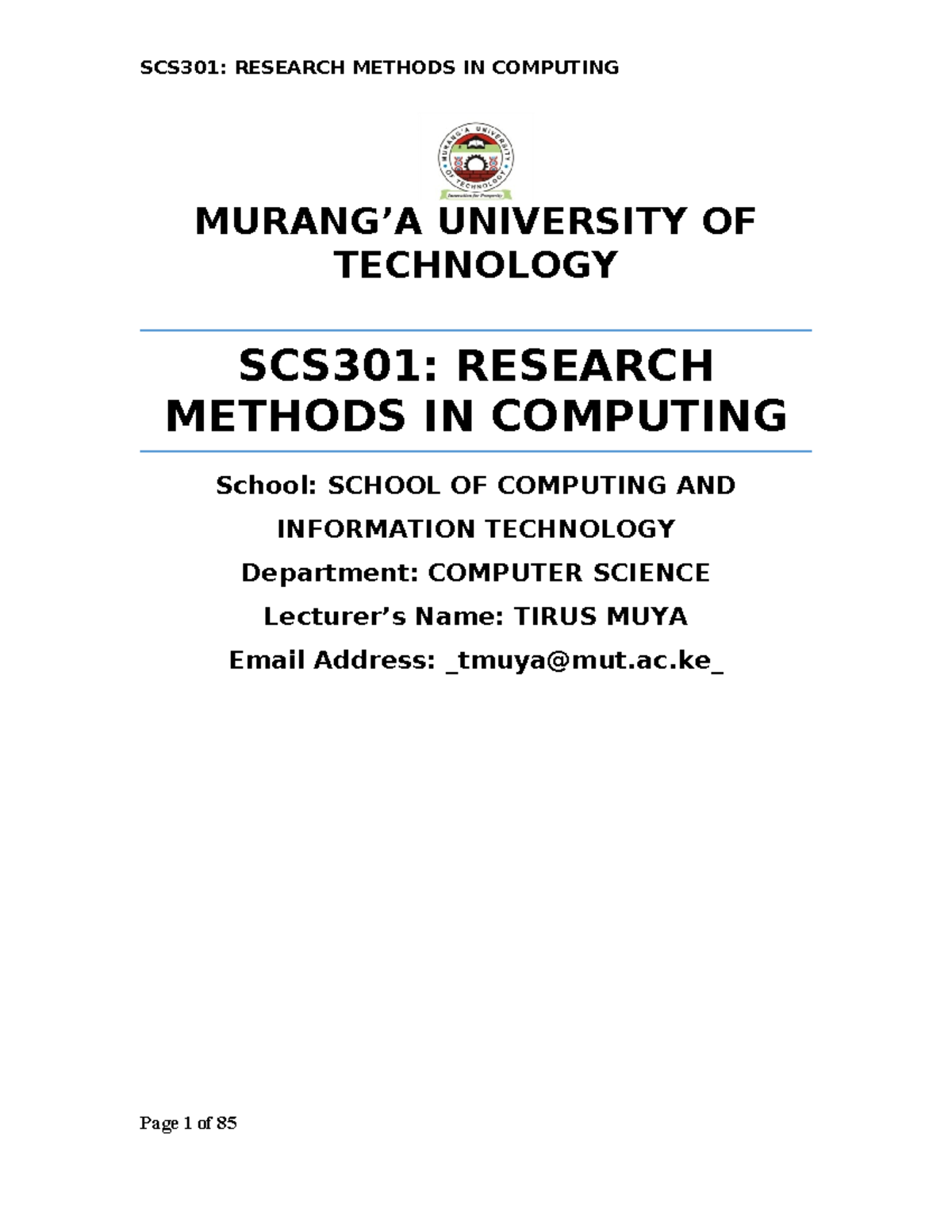 Research Methods in computing notes - MURANG’A UNIVERSITY OF TECHNOLOGY ...