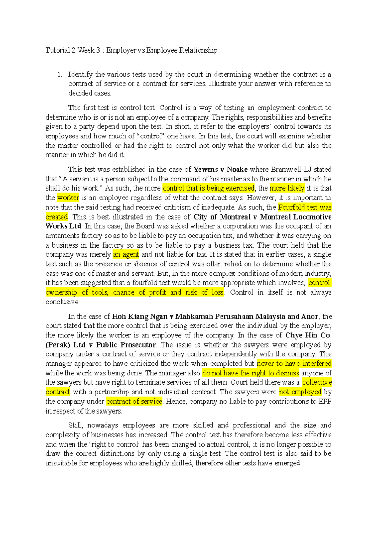 Tutorial 2 (Week 3) Labour Law Multimedia University - Tutorial 2 Week ...