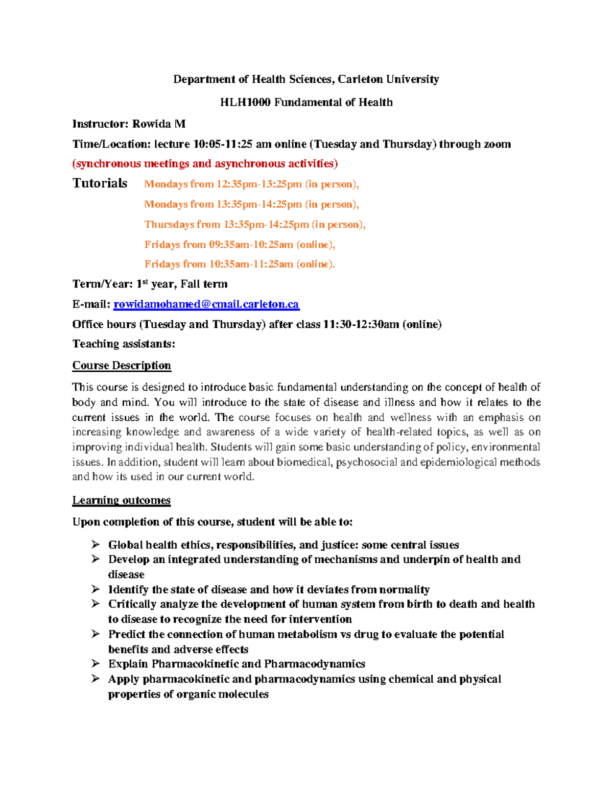 Health Science 1000A with CARLETON UNIVERSITY, SYLLABUS AND COURSE ...