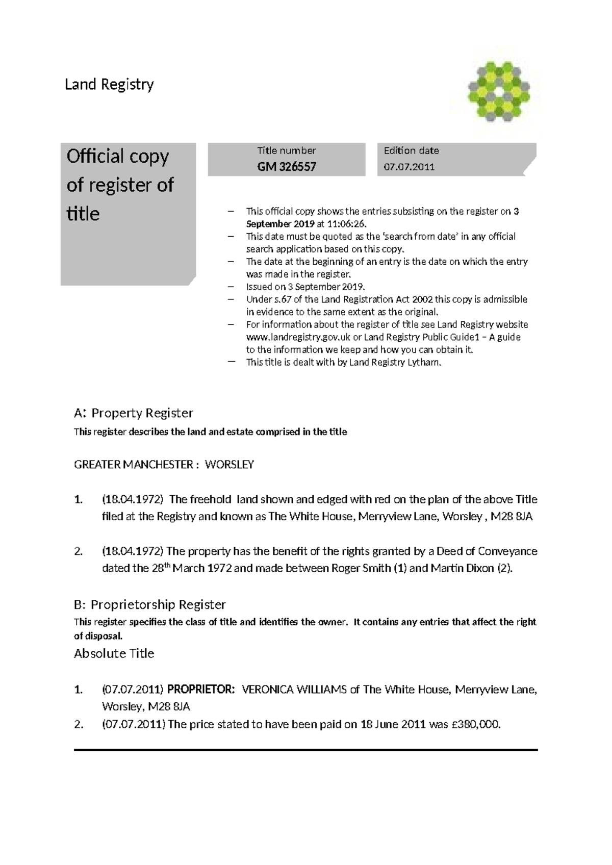 Title Register- Veronica The White House.docx - Land Registry Official ...