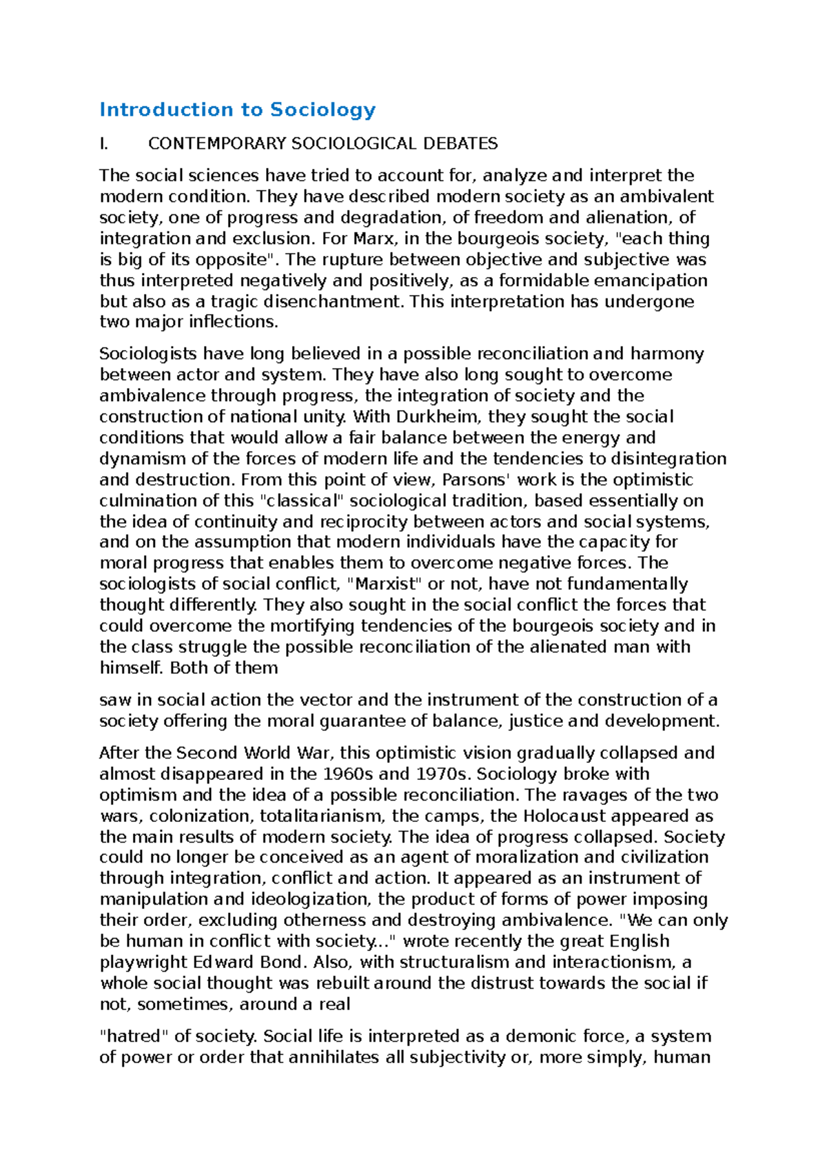 Sociology Introduction 8 - Introduction to Sociology I. CONTEMPORARY ...