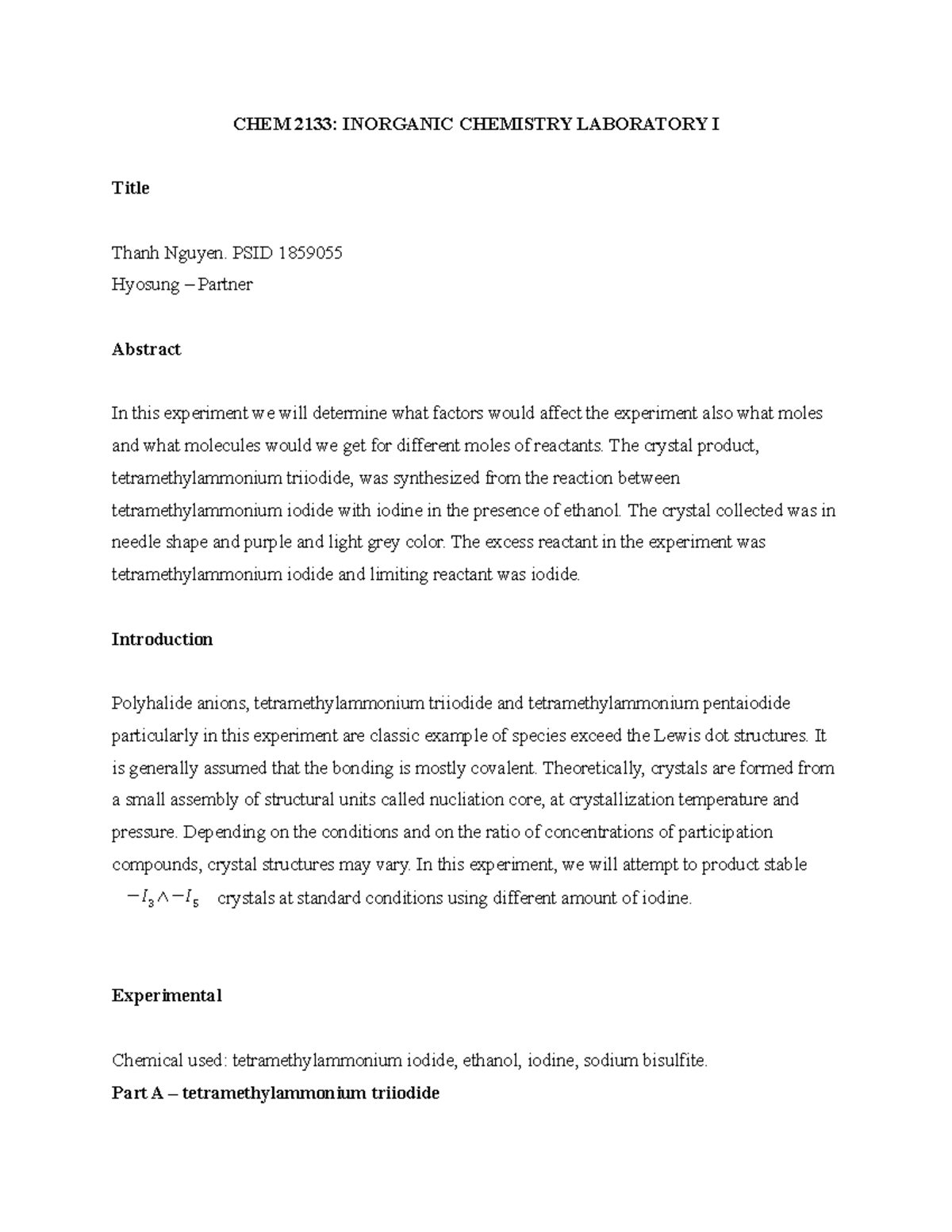 LAB 5 - Lab report - CHEM 2133: INORGANIC CHEMISTRY LABORATORY I Title ...