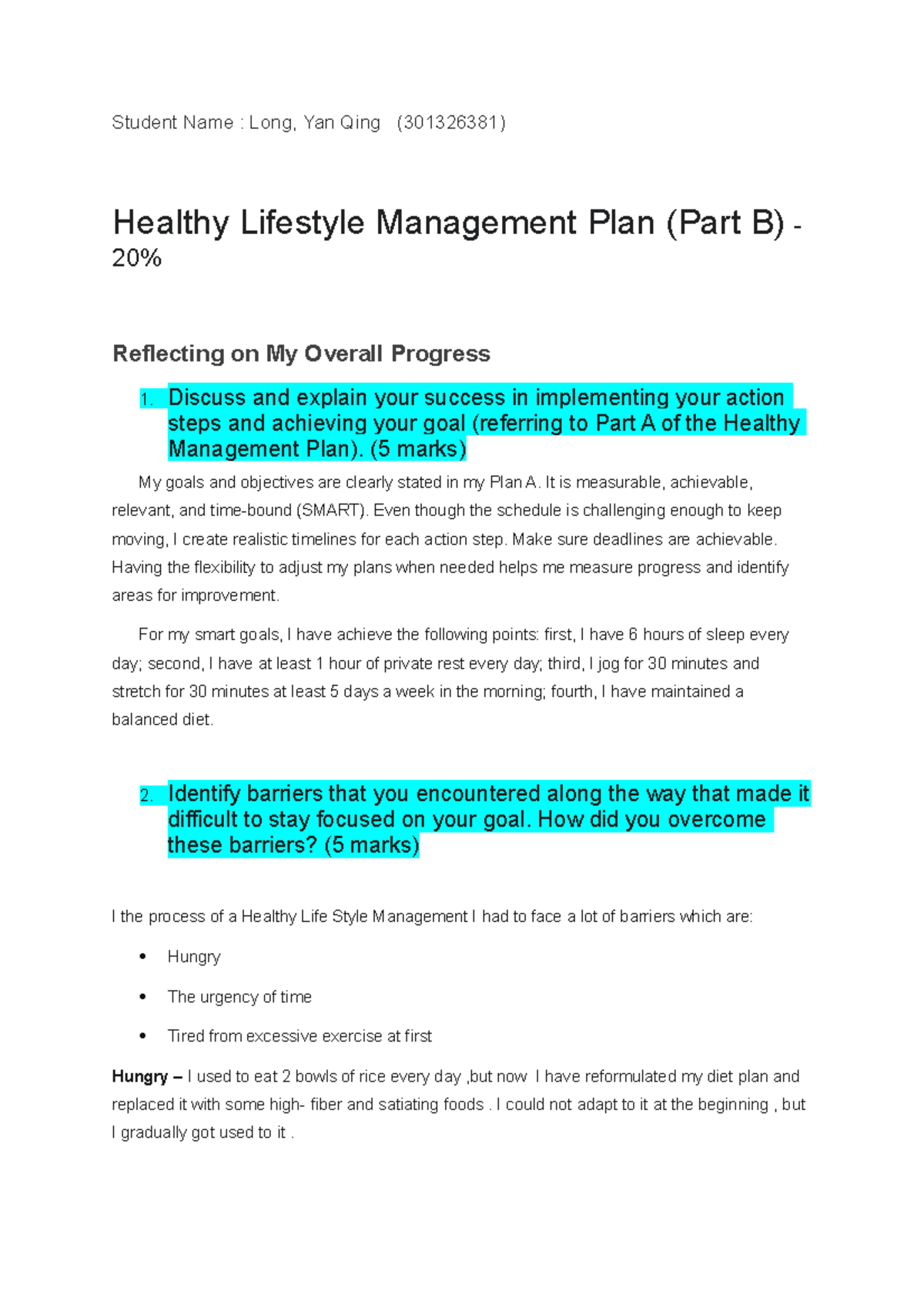 Healthy Lifestyle Management Plan #B - Student Name : Long, Yan Qing ...