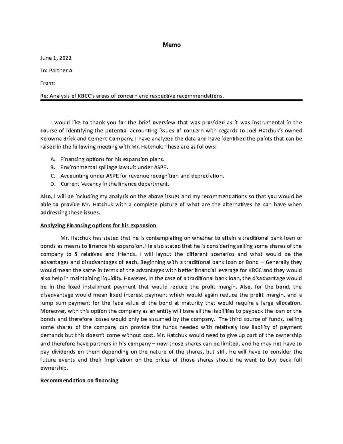 Brick and Cement Company - Memo June 1, 2022 To: Partner A From: Re ...