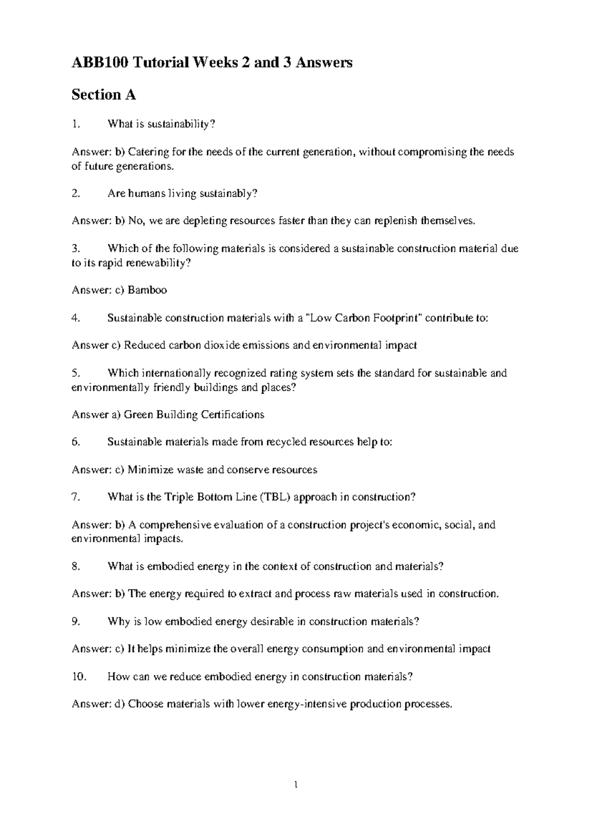 ABB100 Tutorial answers Week 2-3 - ABB100 Tutorial Weeks 2 and 3 Answers Section A 1. What is ...