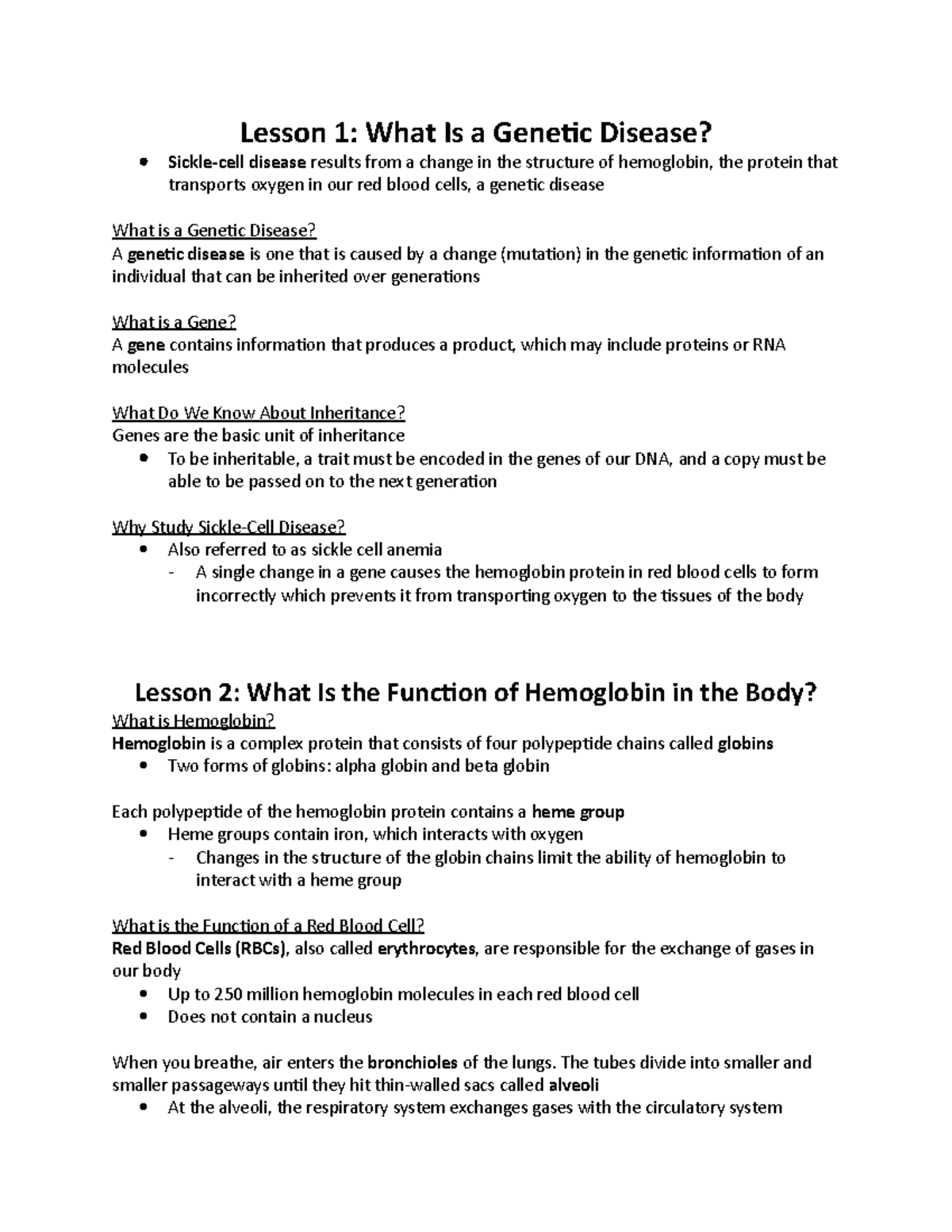 Lesson 1 and 2 Sickle Cell:Hemoglobin - Lesson 1: What Is a Genetic ...