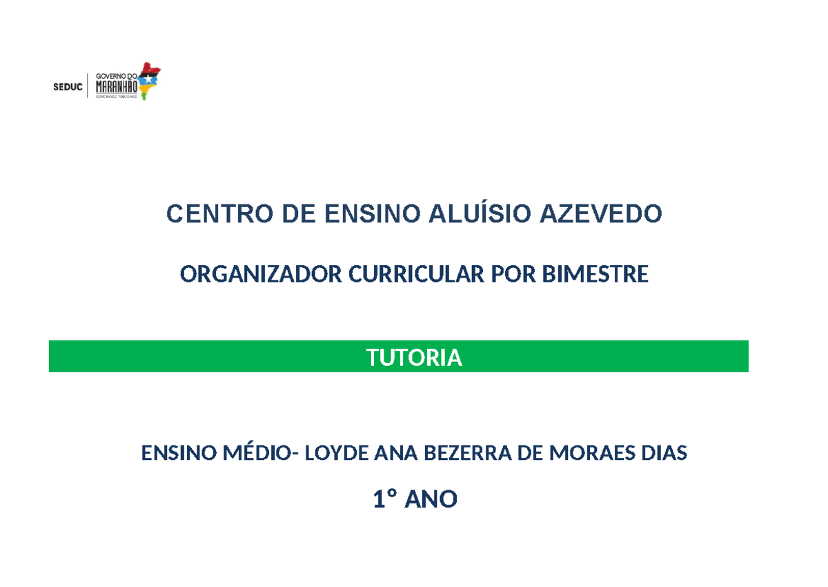 Plano De Tutoria 1 Ano 4 Bimestre Centro De Ensino Aluísio Azevedo