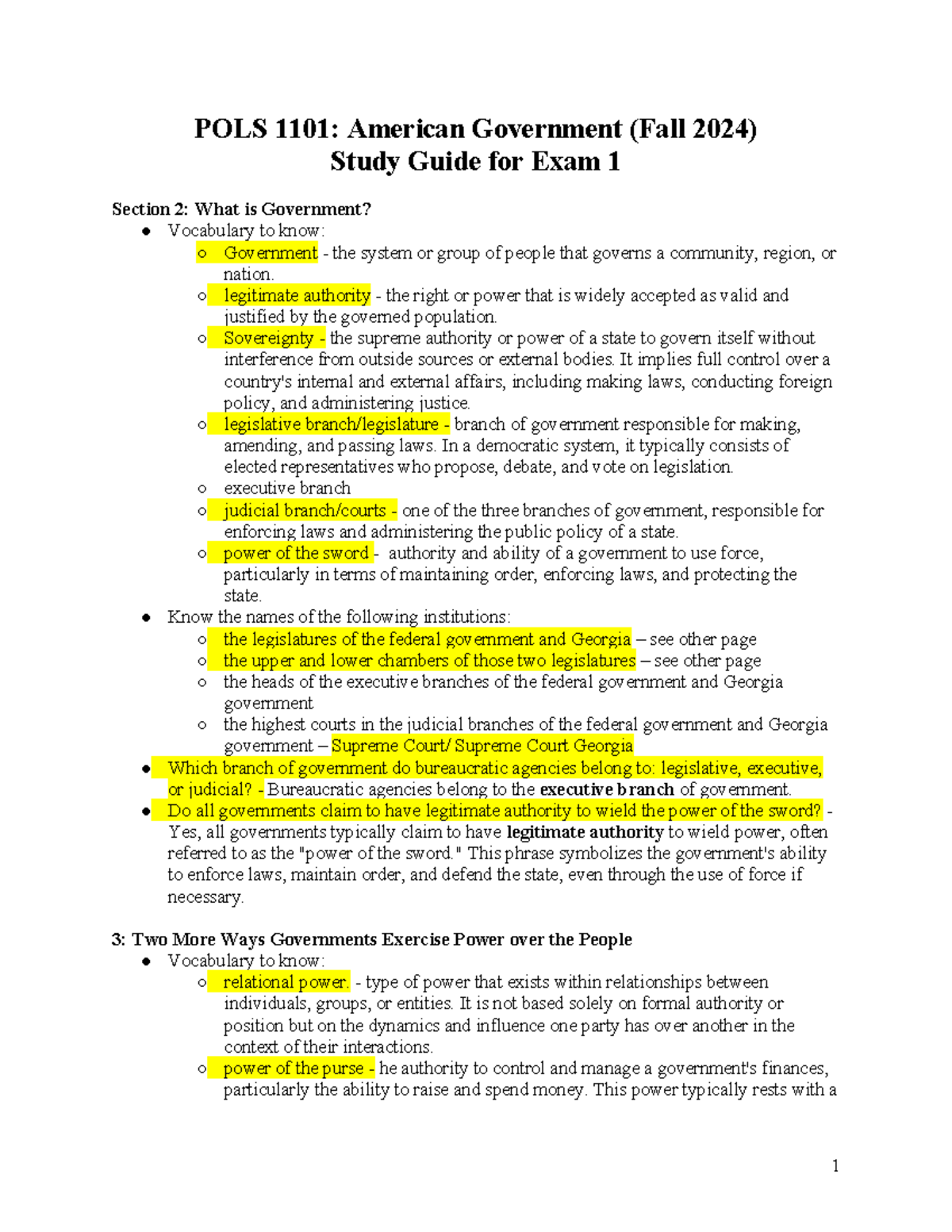 Exam 1 Study POLS 1101 - POLS 1101: American Government (Fall 2024 ...