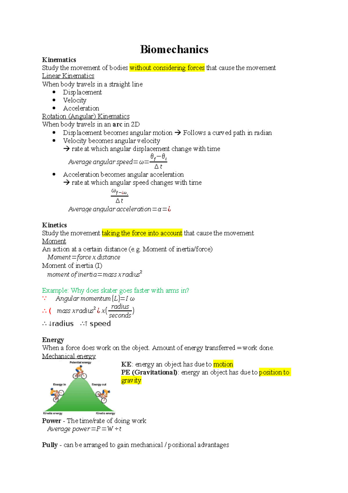 Movement & Exercise Revision Notes - Biomechanics Kinematics Study the ...