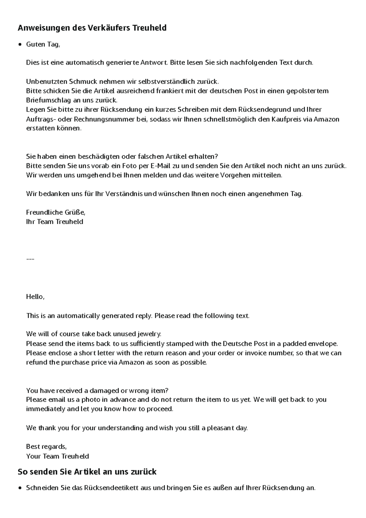 Rücksendezentrum - Hs hsjj jsjsjsj jshgsus jsjsjs - Anweisungen des ...