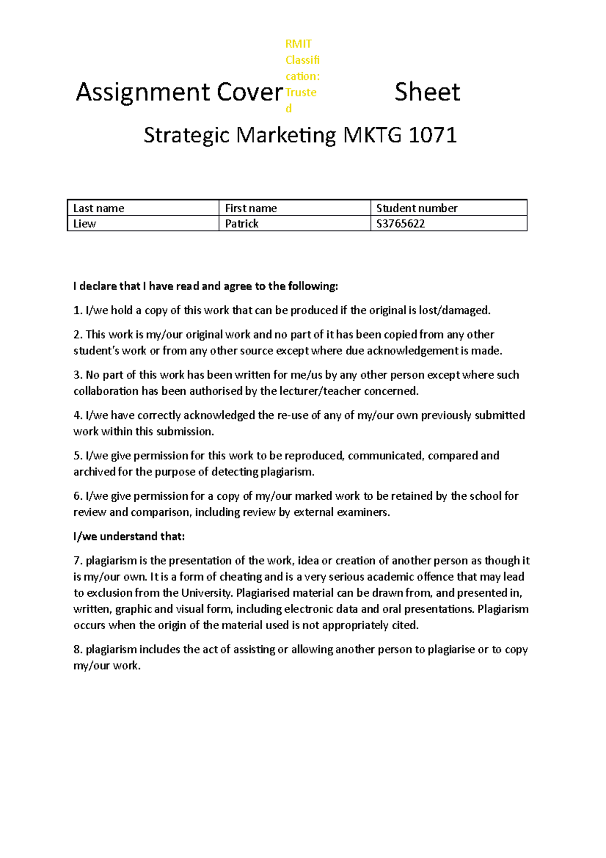 Assignment Semester 1 2020 Really Difficult Assignment Cover Sheet Strategic Marketing Mktg