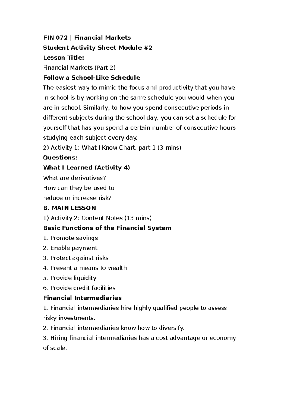 FIN 072- Financial Markets L2 - FIN 072 | Financial Markets Student ...