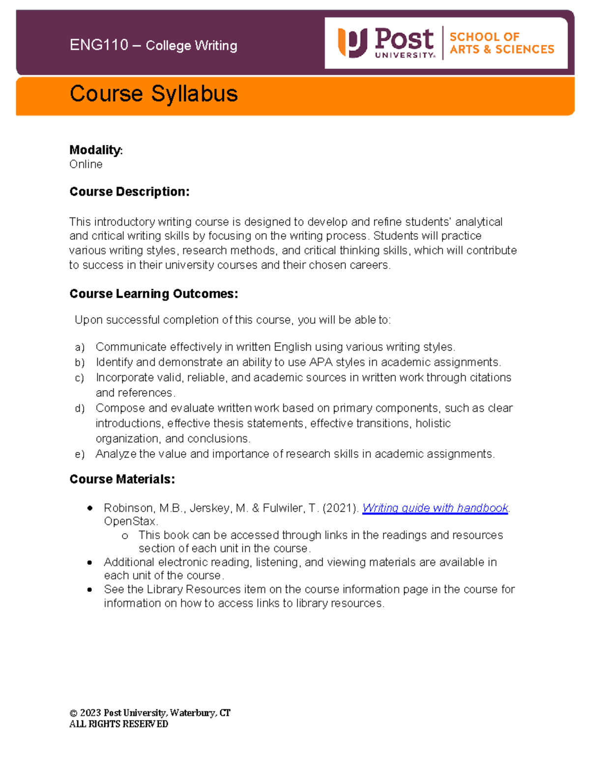 ENG110 Course Syllabus - ENG110 – College Writing Course Syllabus © 2023 Post University ...