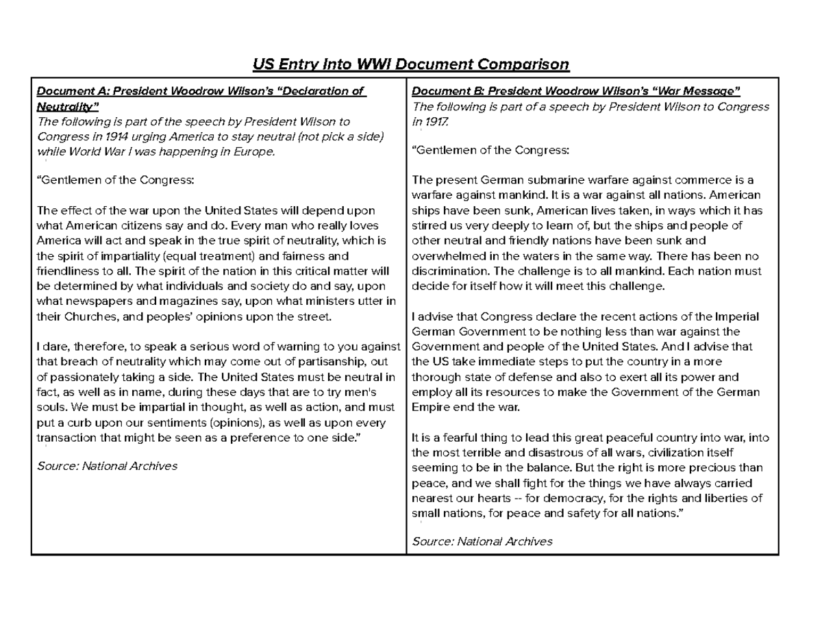 US Entry Into WWI Document Comparison - US Entry Into WWI Document ...